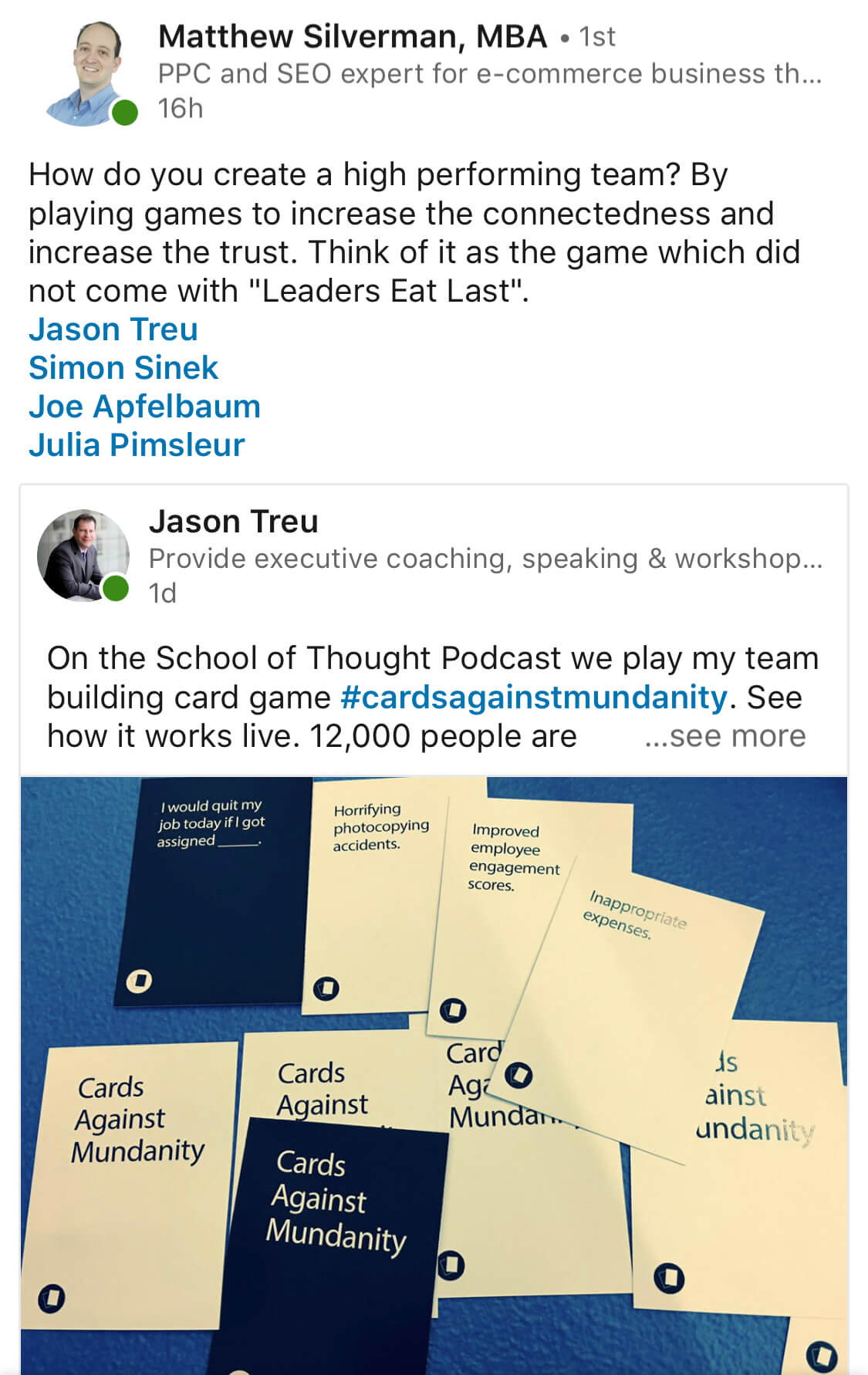 Another Endorsement for Cards Against Mundanity - The Ultimate Team ...